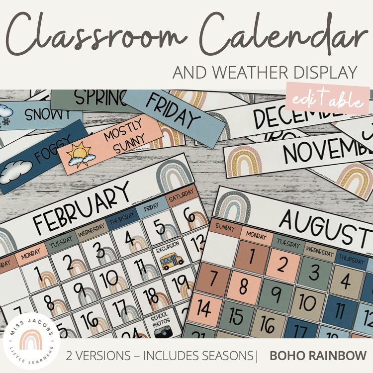 Calendar & Weather Display - Boho Rainbow Neutrals Theme - MJLL