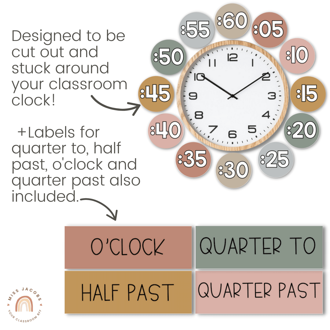 Clock Numbers - Boho Rainbow Neutrals Classroom Theme - MJLL