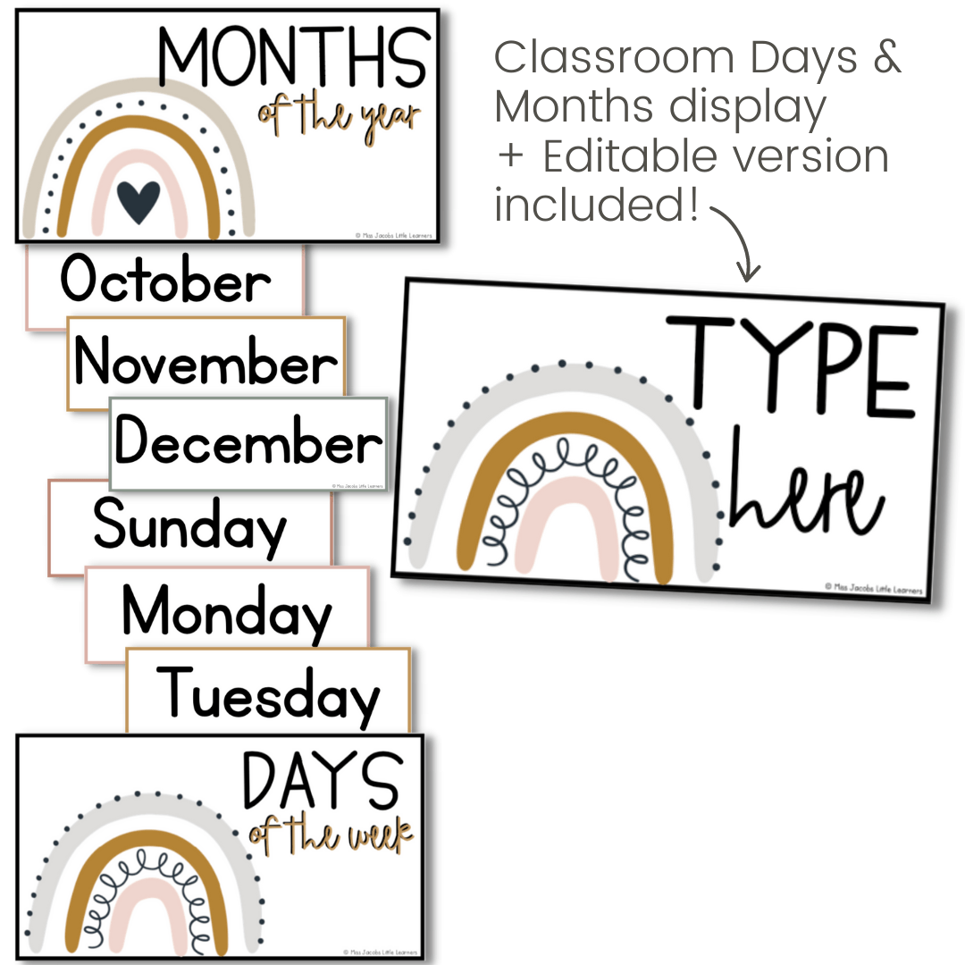Days and Months - Boho Rainbow Neutrals Classroom Theme - Miss Jacobs