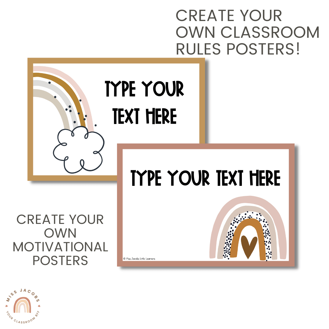 Editable Classroom Posters Templates - Boho Rainbow Theme - MJLL
