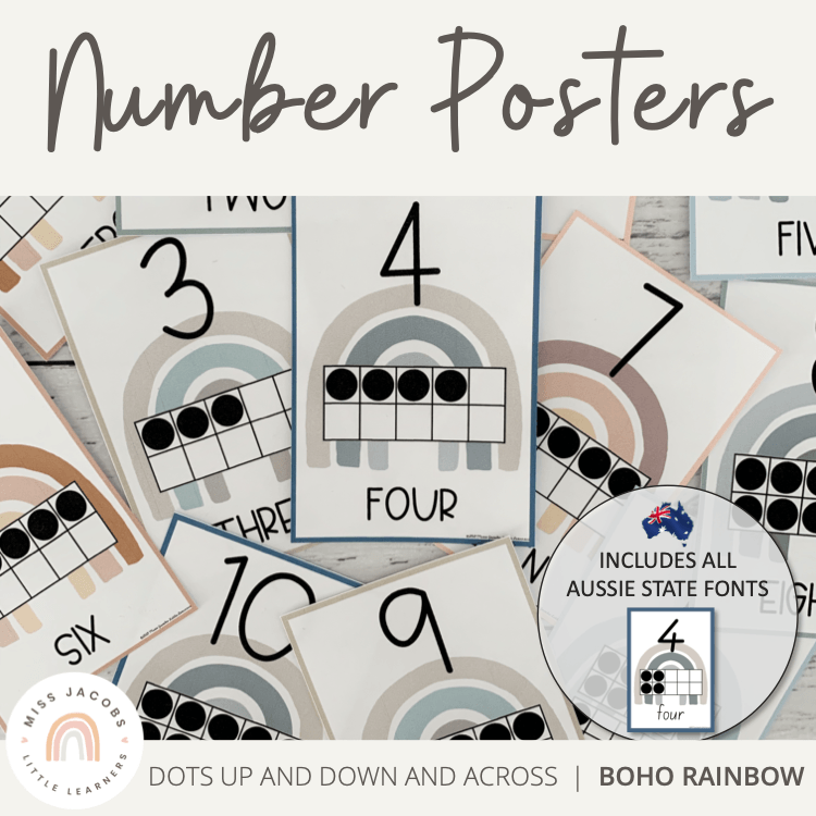 Number Posters with Ten Frames - Boho Rainbow Neutrals Theme - MJLL