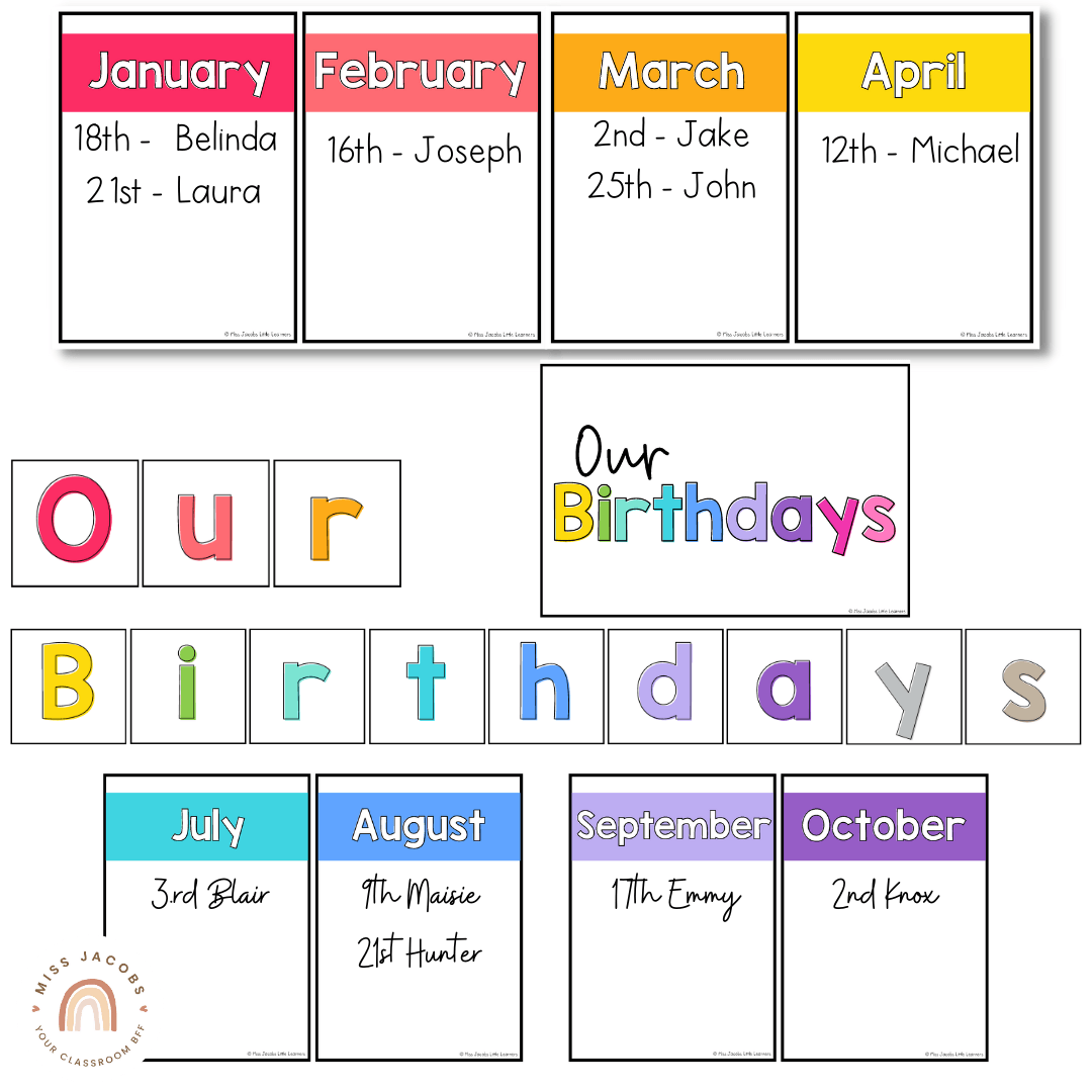 Brights Birthday Display | Simple Brights Classroom Decor | Editable