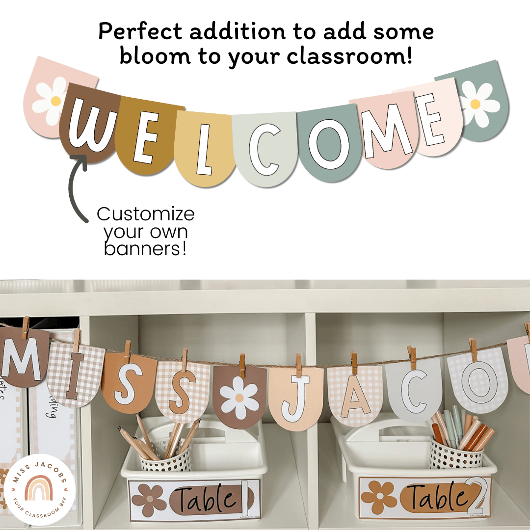 Bunting and Display Banners | Daisy Gingham Neutrals Classroom Decor ...