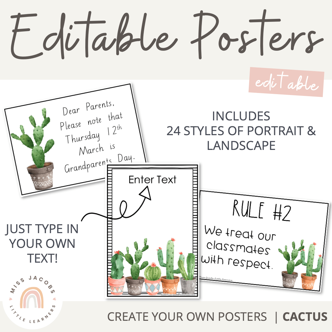 Cactus Themed Editable Classroom Posters Set