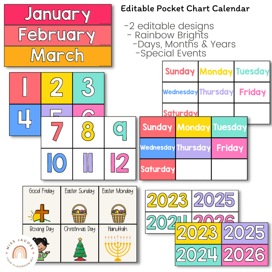 Classroom Calendar | BRIGHTS | Pocket Chart and Standard Size