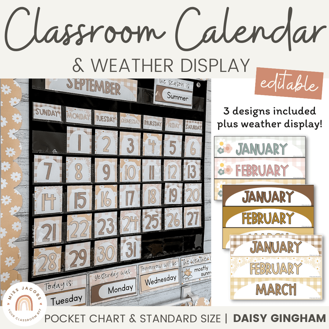Classroom Calendar & Weather Pocket Chart Display | Daisy Gingham Neut ...