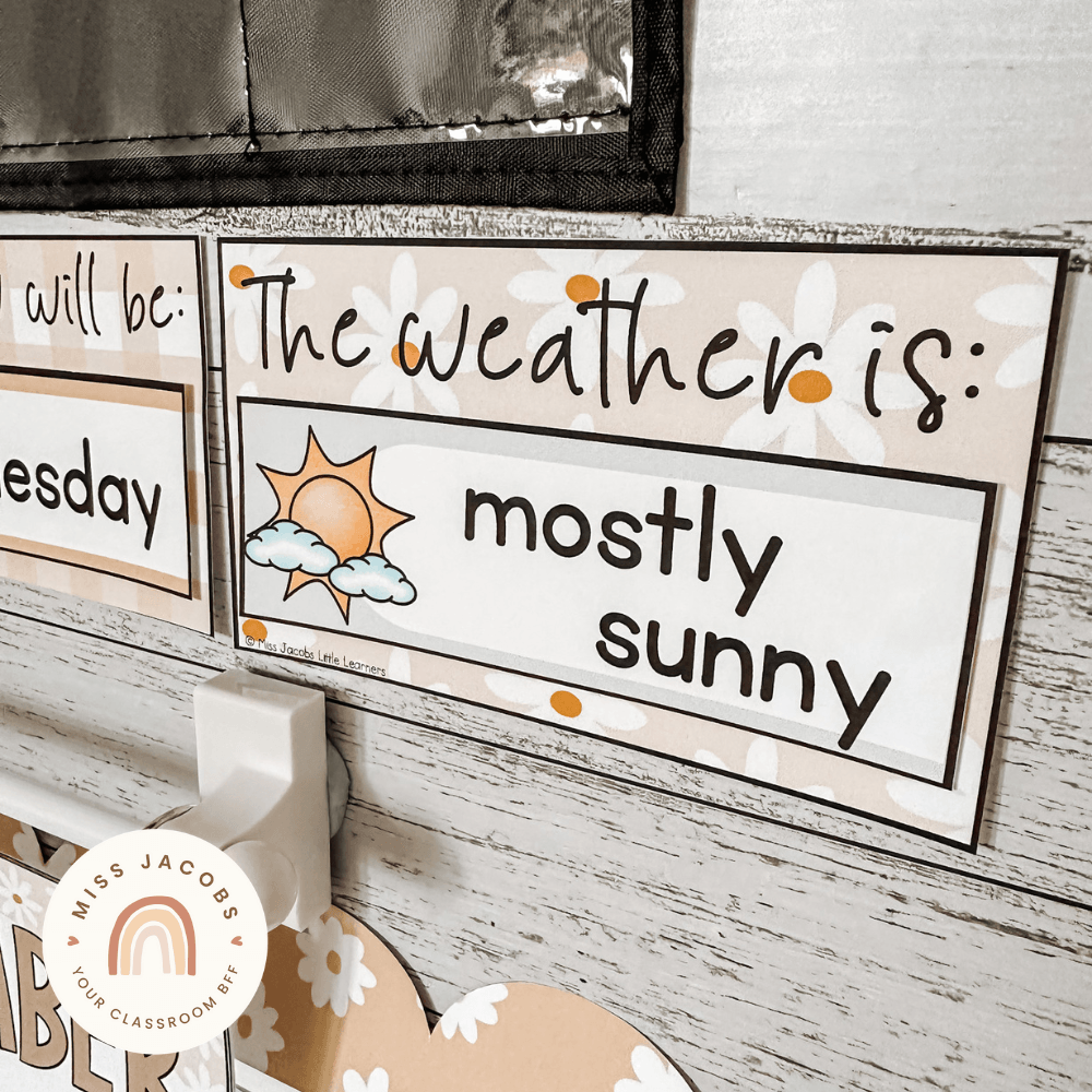 Classroom Calendar & Weather Pocket Chart Display | Daisy Gingham Neut ...