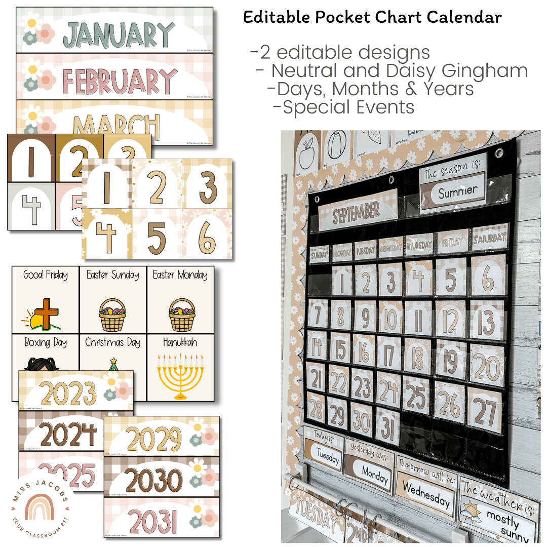 Classroom Calendar & Weather Pocket Chart Display | Daisy Gingham Neut ...