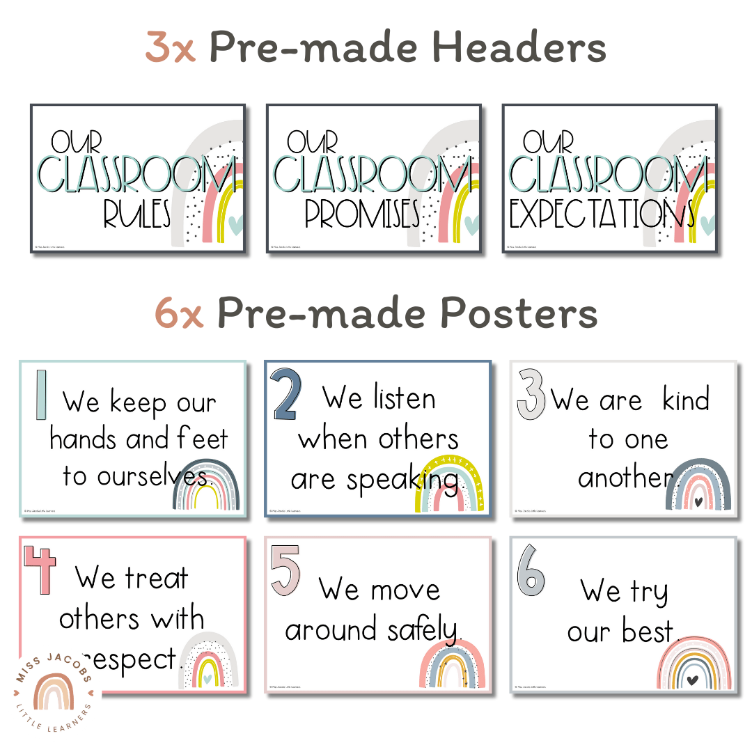Modern Rainbow Classroom Rules Posters - Miss Jacobs Little Learners