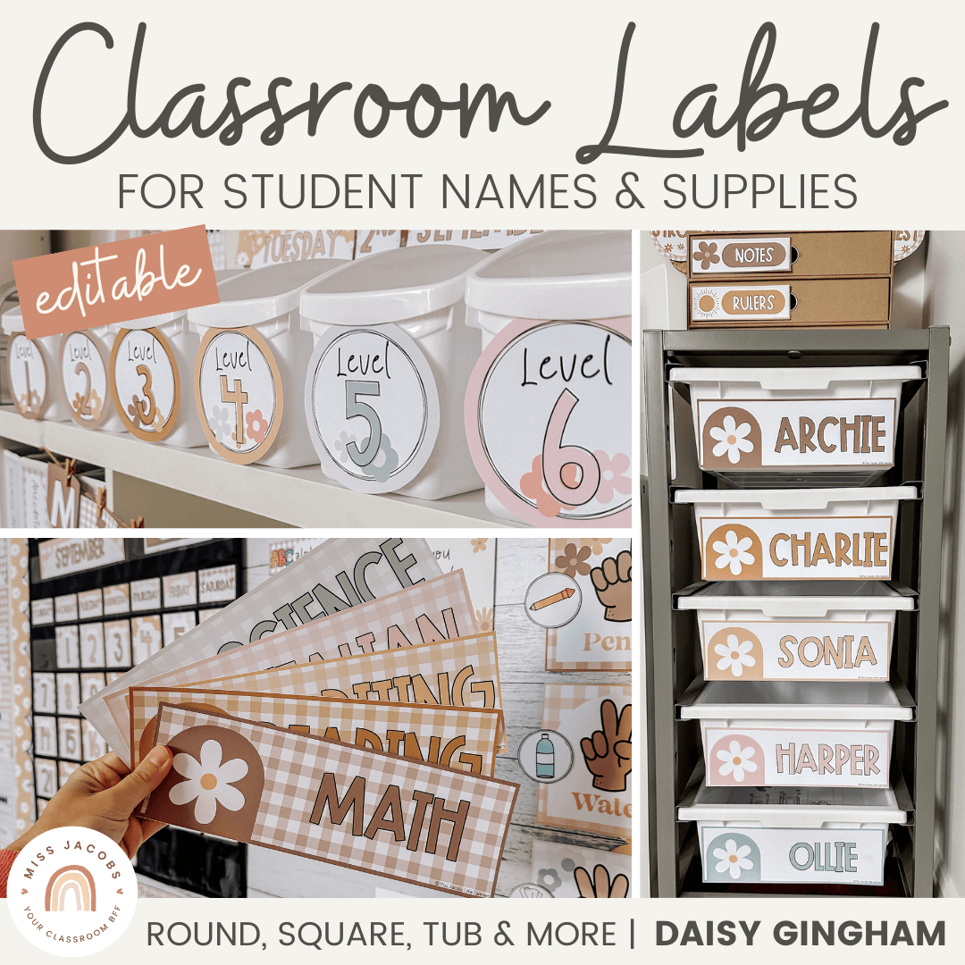 Classroom Supply Labels & Student Name Tags Bundle | Daisy Gingham Neu ...