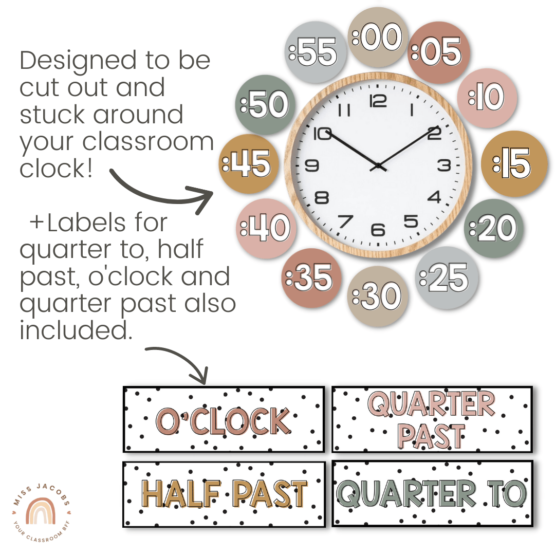 Clock Labels - Spotty Boho Classroom Decor