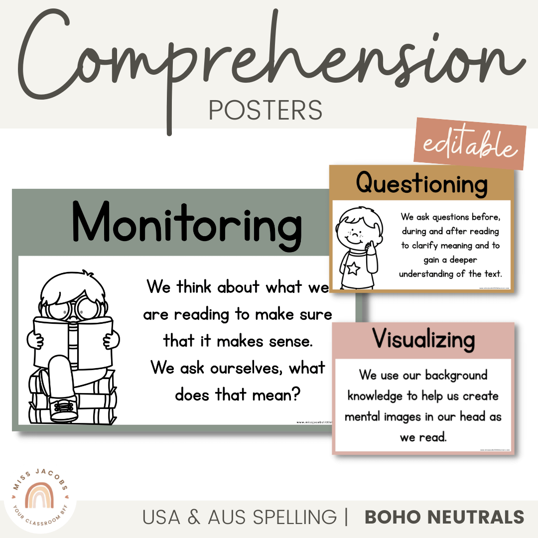 Reading Comprehension Strategies Posters - Boho Neutrals Theme - MJLL
