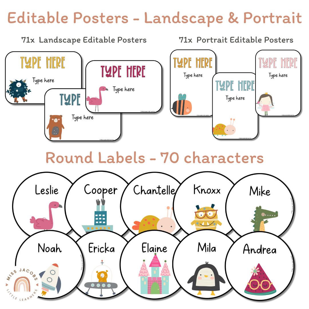 Cute Classroom Labels Bundle Assorted Characters | Editable Student Na