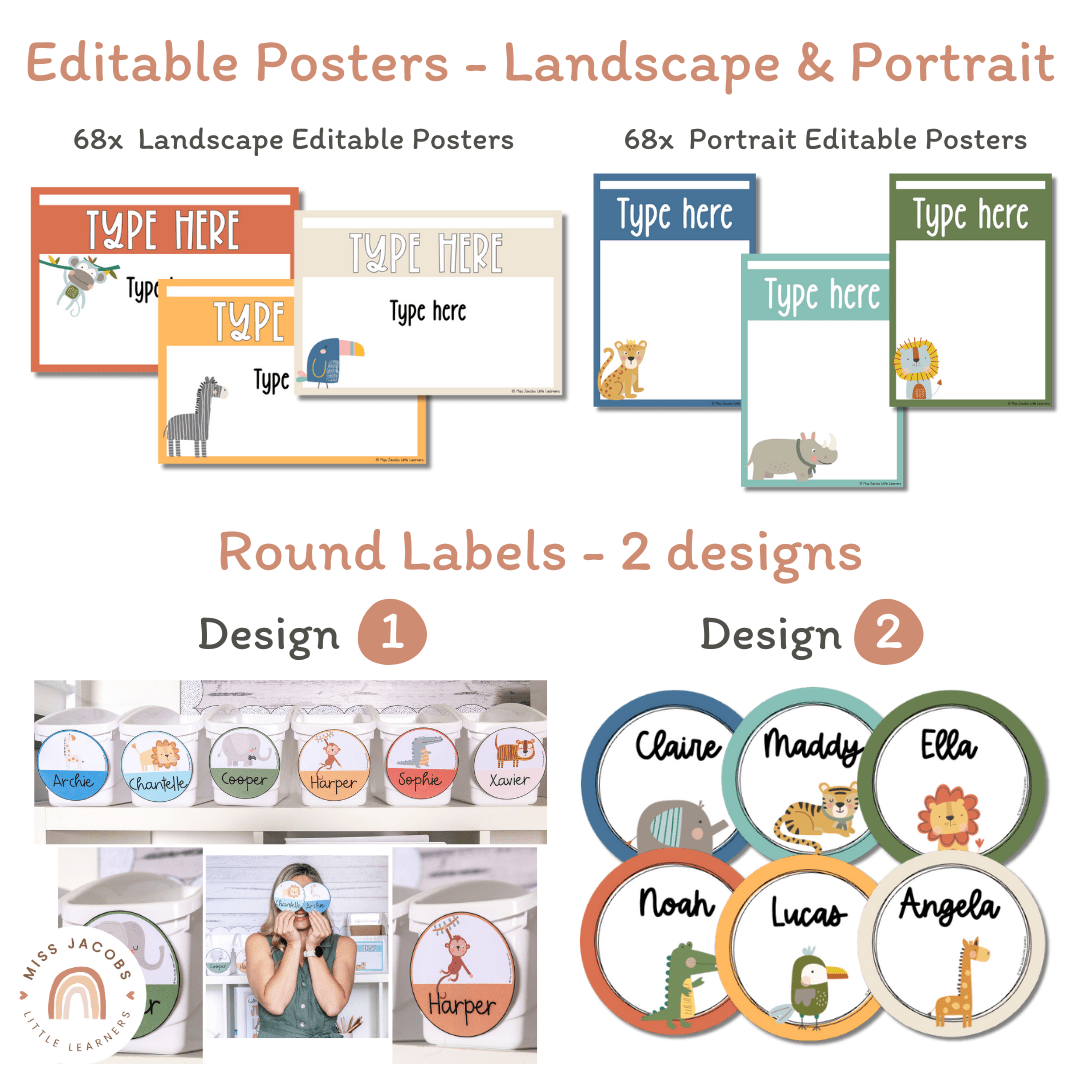 Class Labels Bundle - Name Plate, Door Display, Poster - Cute Jungle