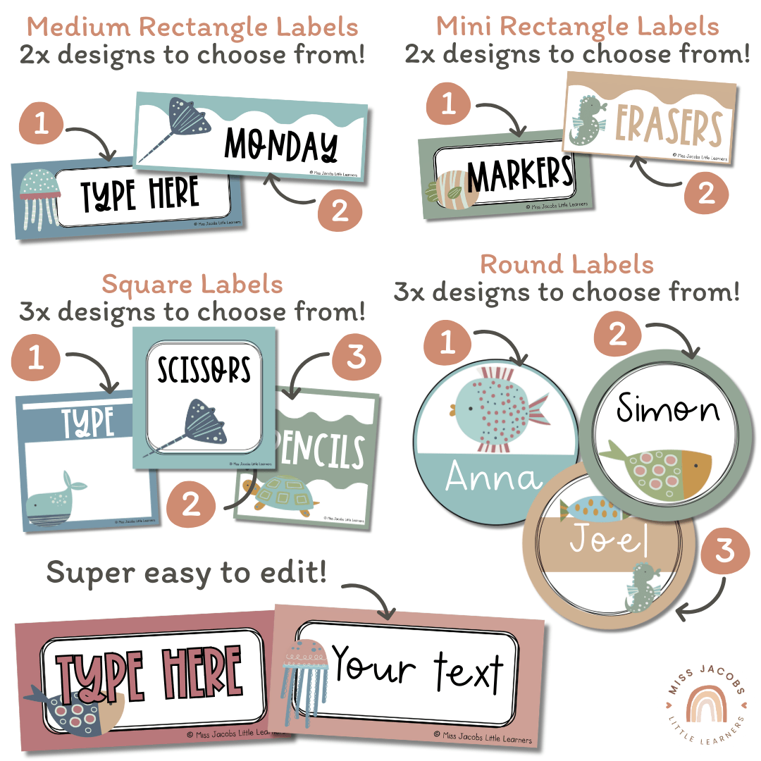 Classroom Labels Student Names & Supplies - Cute Sea Life