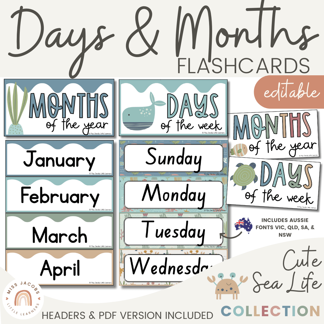 Cute Sea Life Days and Months Flashcards