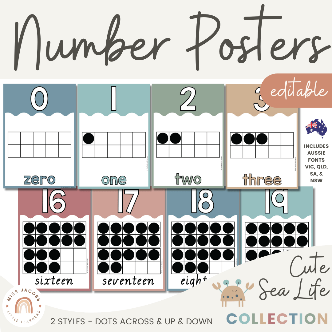 Number Posters with Ten Frames - Cute Sea Life Decor
