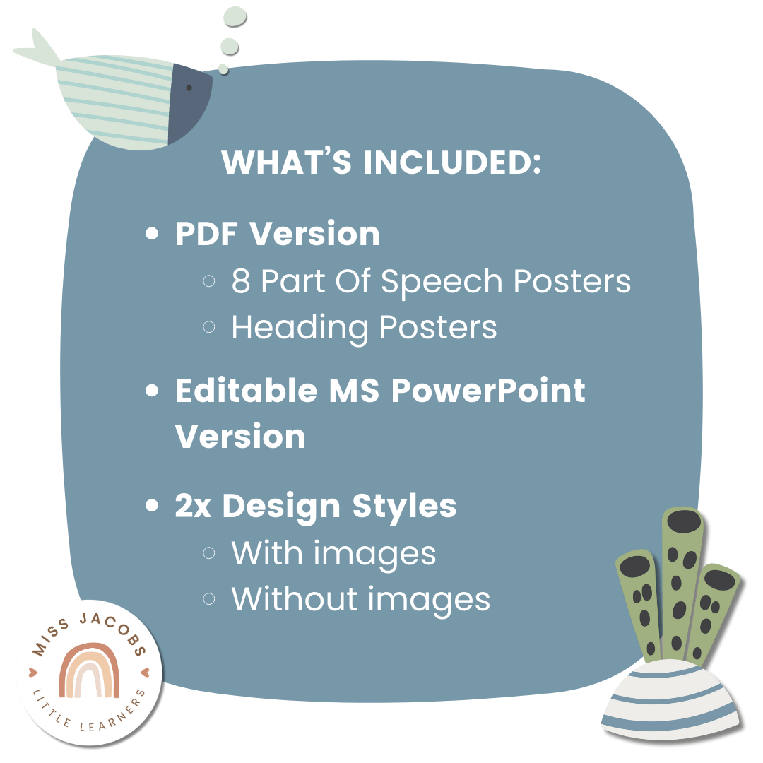 Parts of Speech Posters - Cute Sea Life Classroom Decor