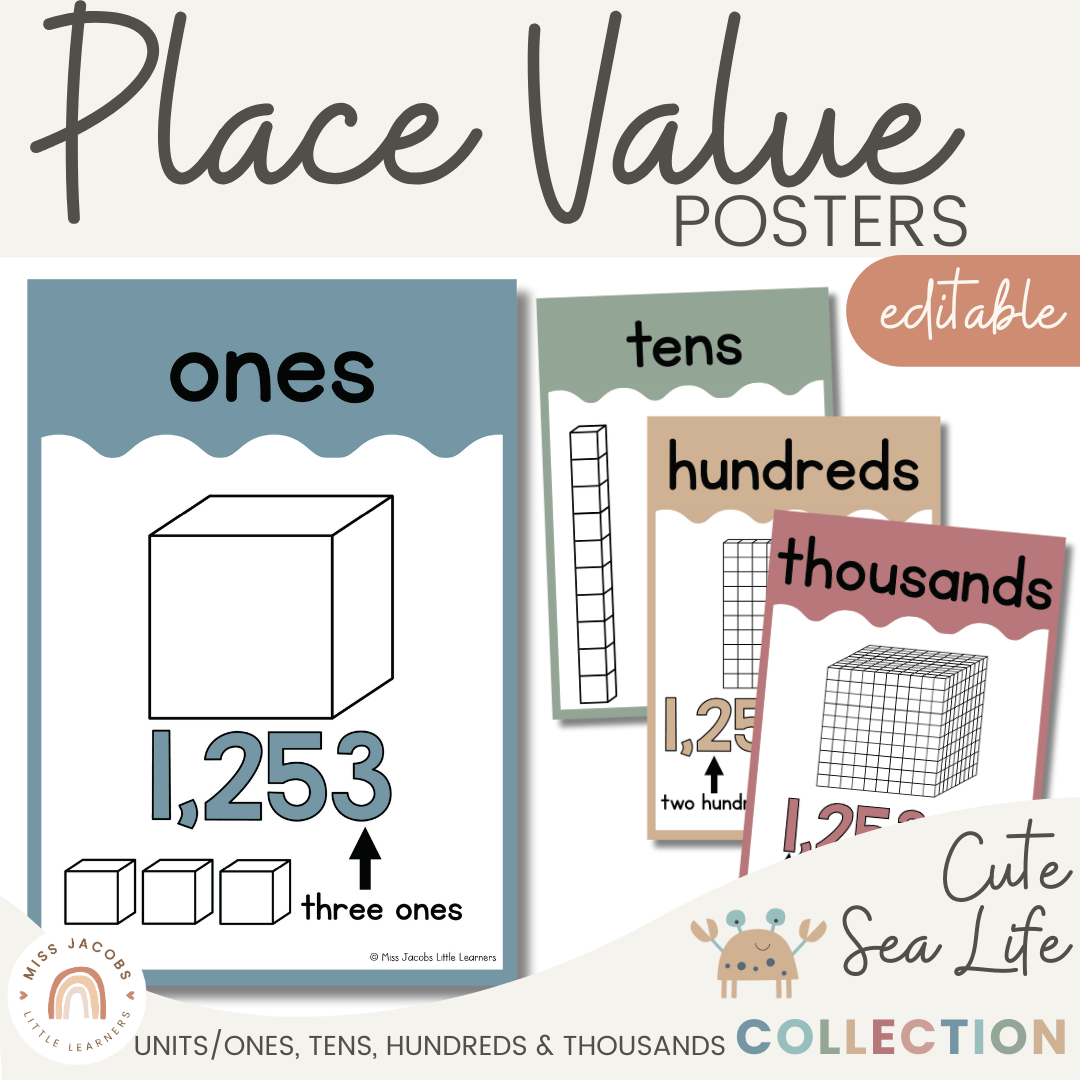 Place Value Posters - Base 10 Blocks - Cute Sea Life Decor