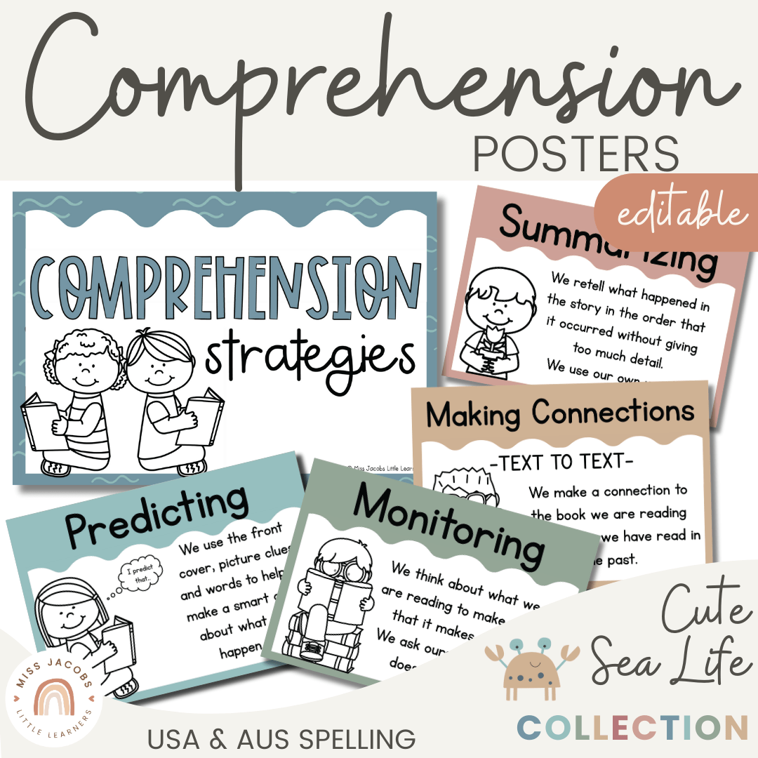 Reading Comprehension Strategies Posters - Cute Sea Life Decor