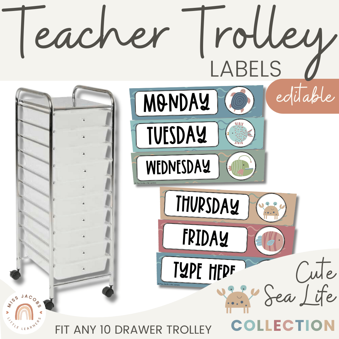 Teacher Trolley Labels for Rolling Cart - Cute Sea Life Decor