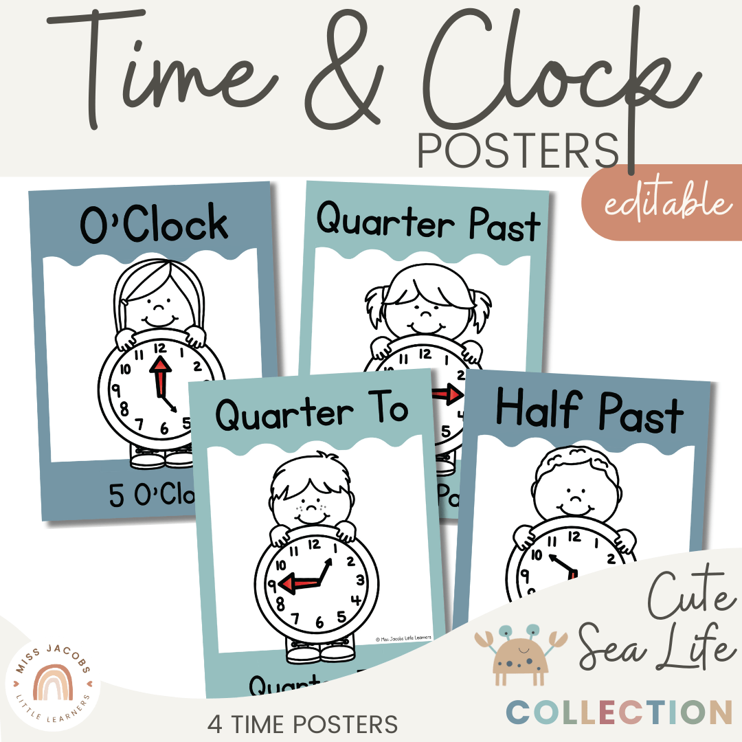 Telling Time and Clock Posters - Cute Sea Life Classroom Decor