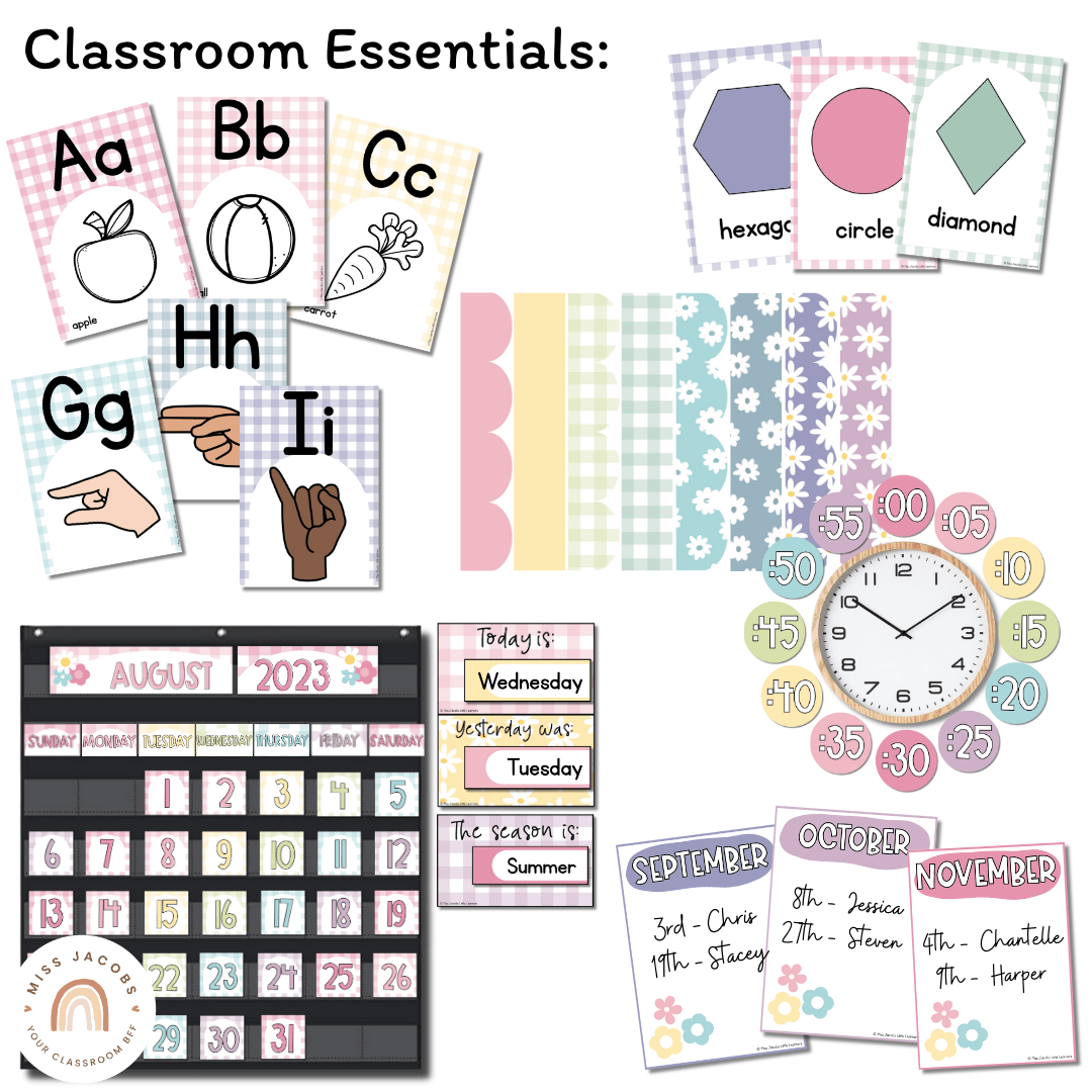 Daisy Gingham Pastels Classroom Decor Bundle - Miss Jacobs Little Learners