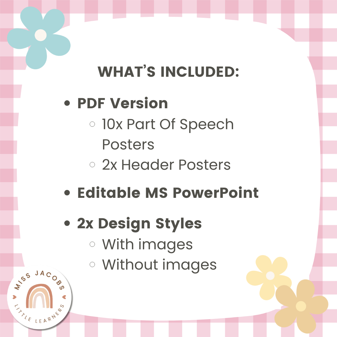 Parts of Speech Posters - Daisy Gingham Pastels Theme