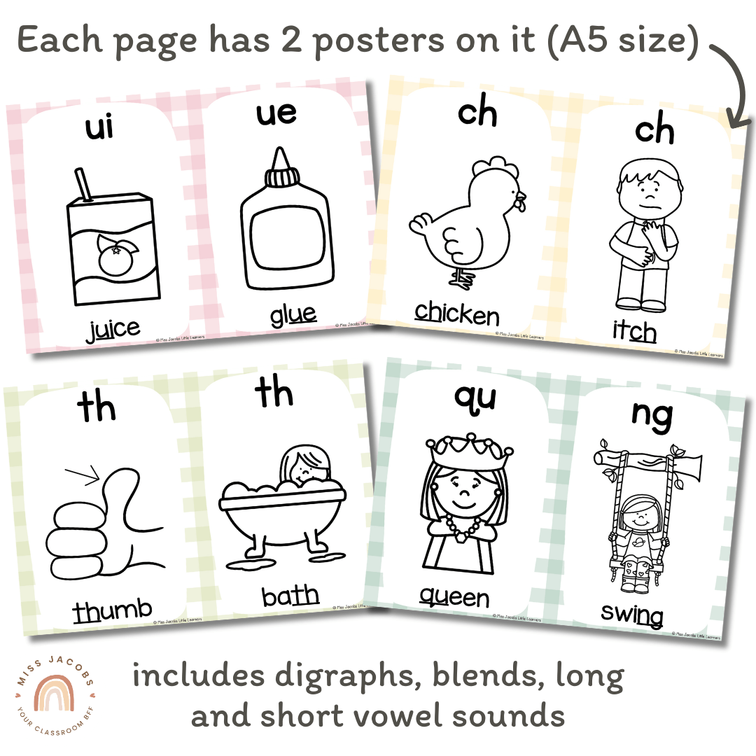 Phonics Posters - Daisy Gingham Pastels Theme