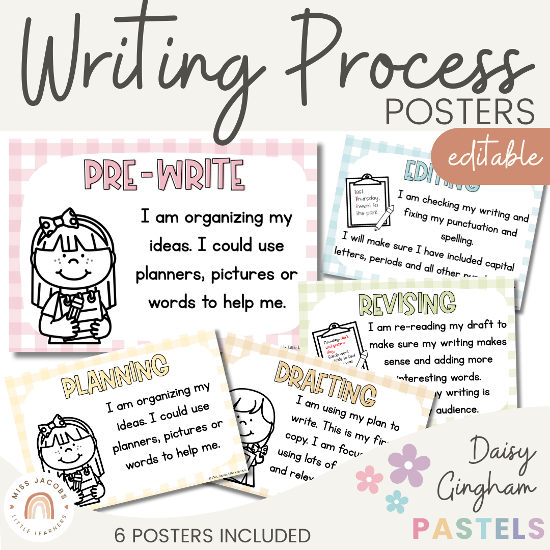 Writing Process Posters - Daisy Gingham Pastels Theme
