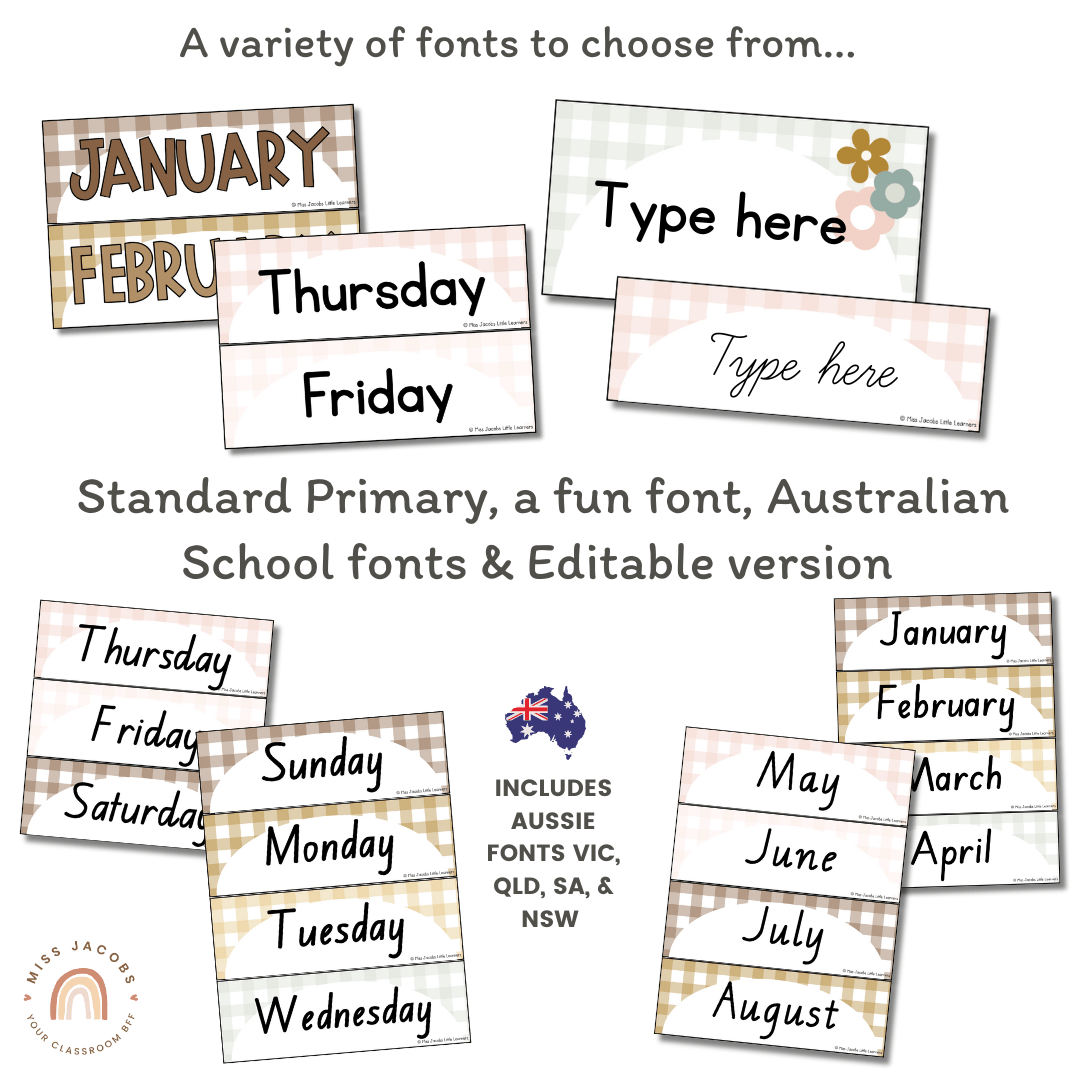 Days and Months Flashcards | Daisy Gingham Neutrals Classroom Decor ...