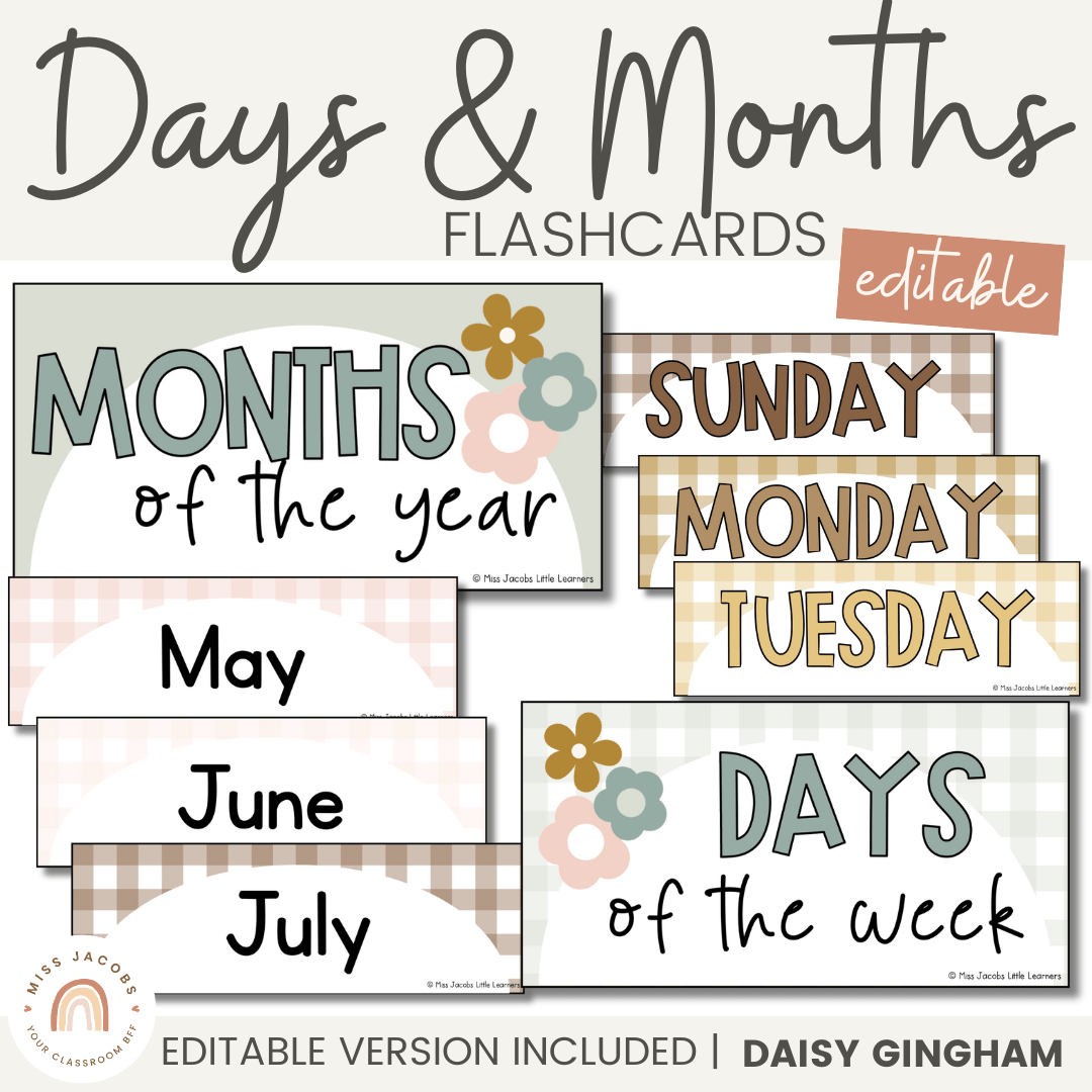 Days and Months Flashcards | Daisy Gingham Neutrals Classroom Decor ...