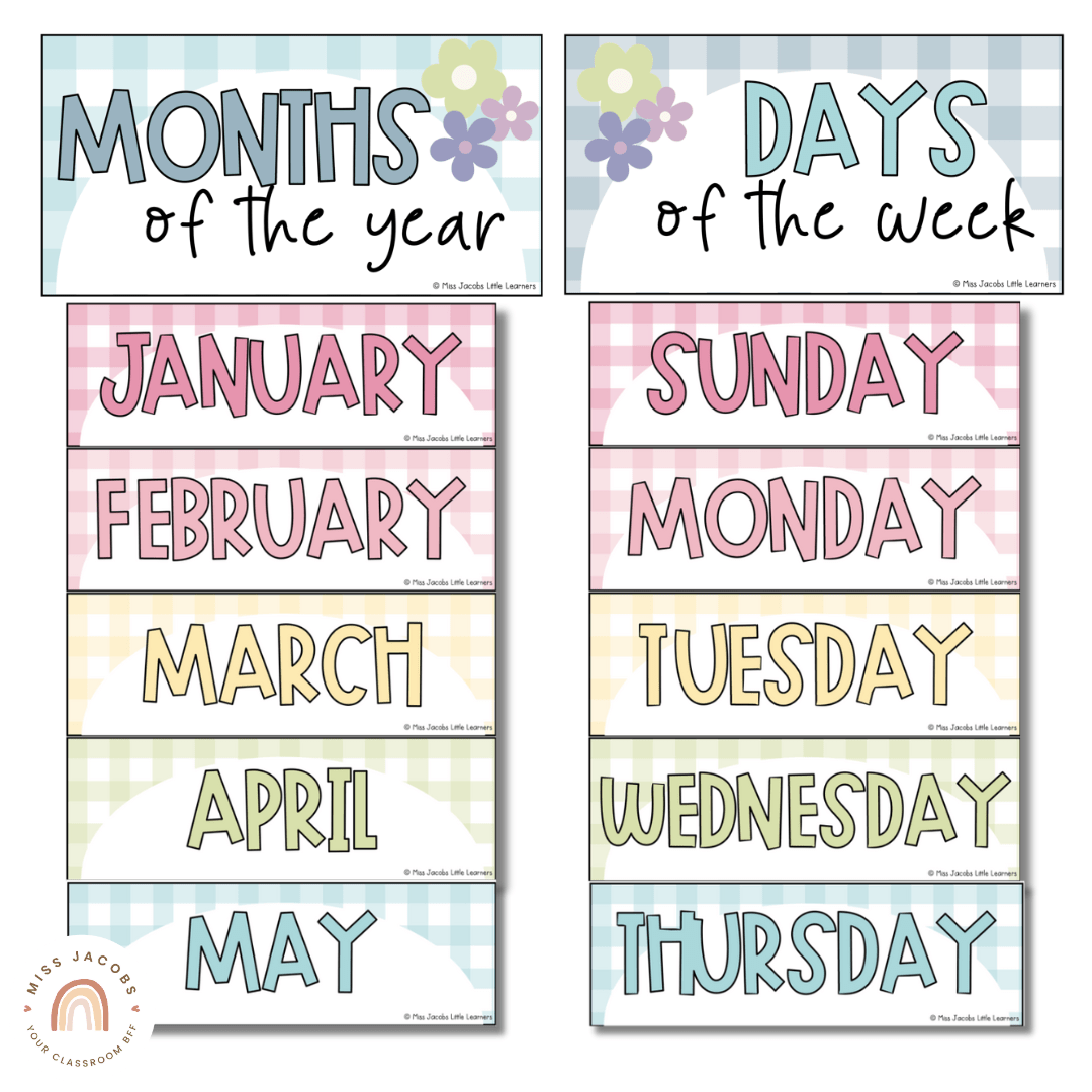 Days and Months Flashcards | Daisy Gingham Pastels Classroom Decor ...