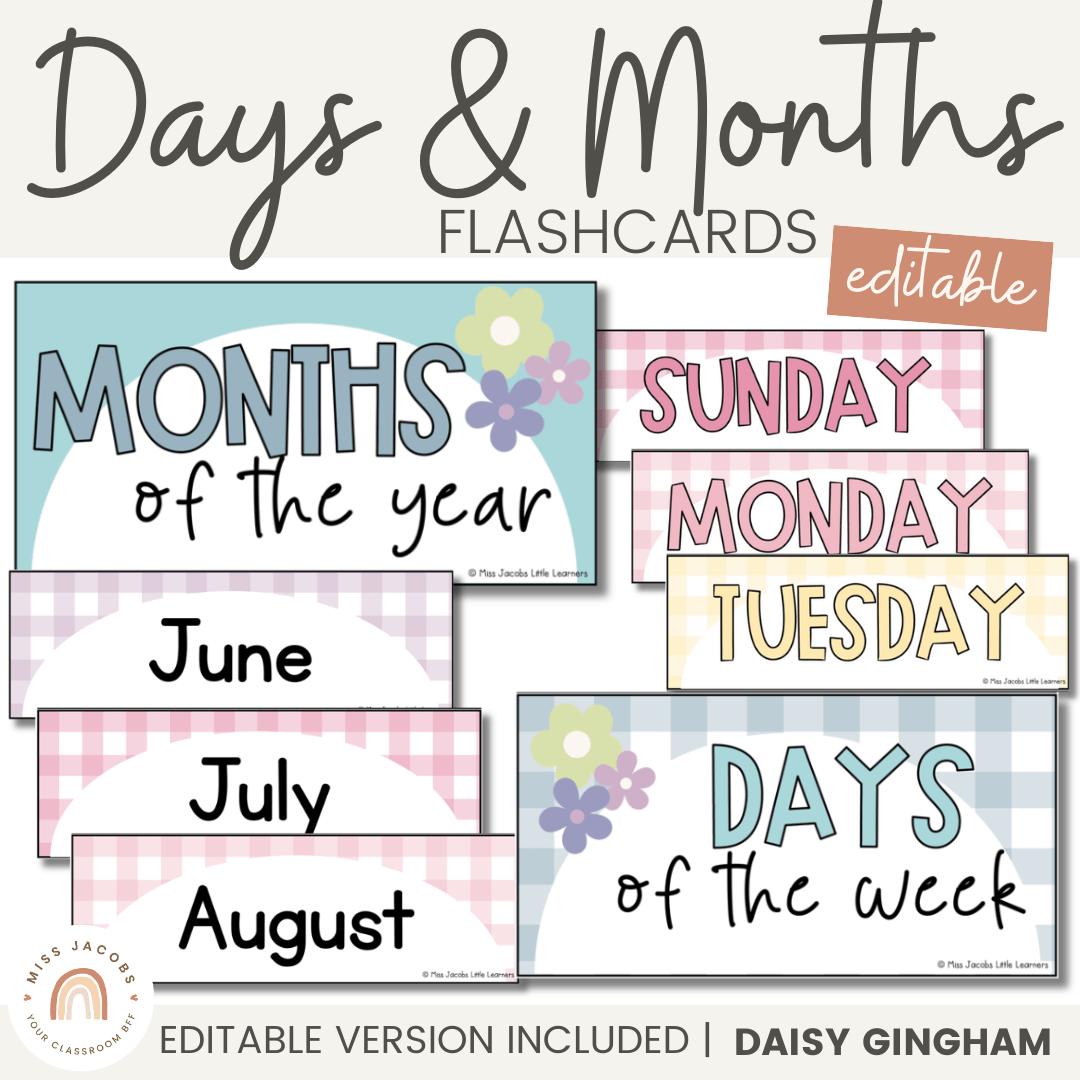 Days and Months Flashcards | Daisy Gingham Pastels Classroom Decor ...