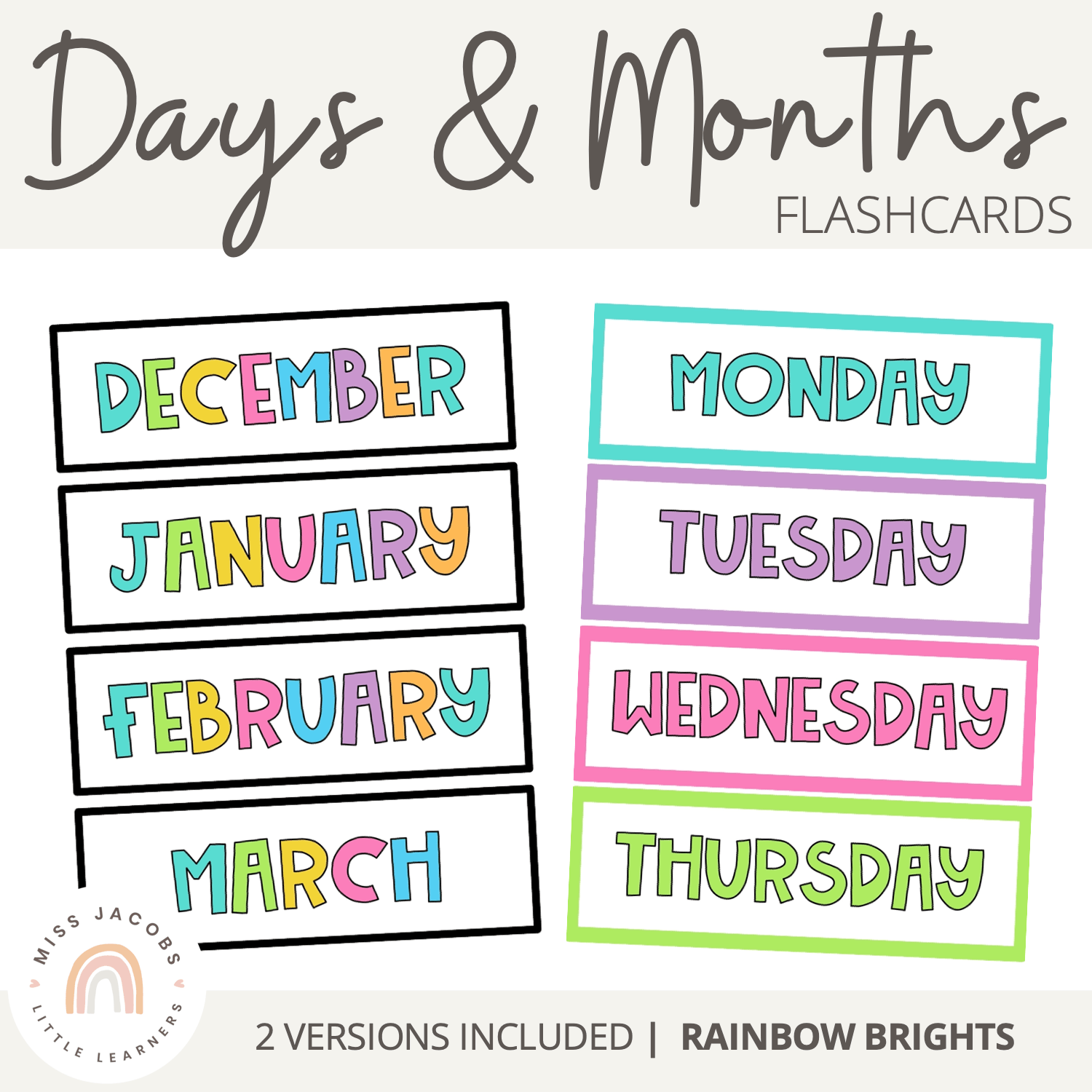Days and Months Flashcards | Rainbow Classroom Decor