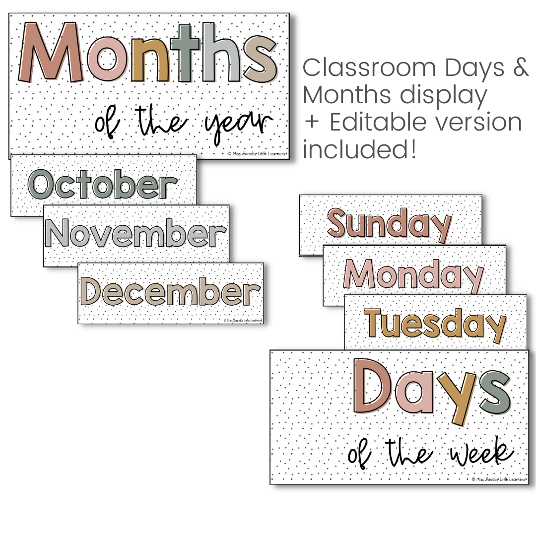 Days and Months Labels - Spotty Boho Classroom Decor
