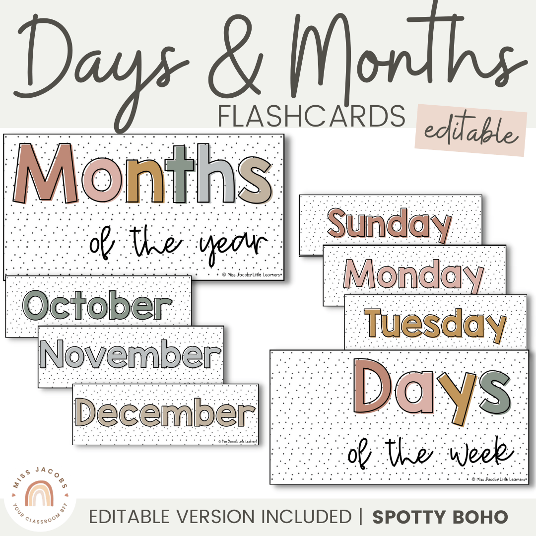 Days and Months Labels - Spotty Boho Classroom Decor
