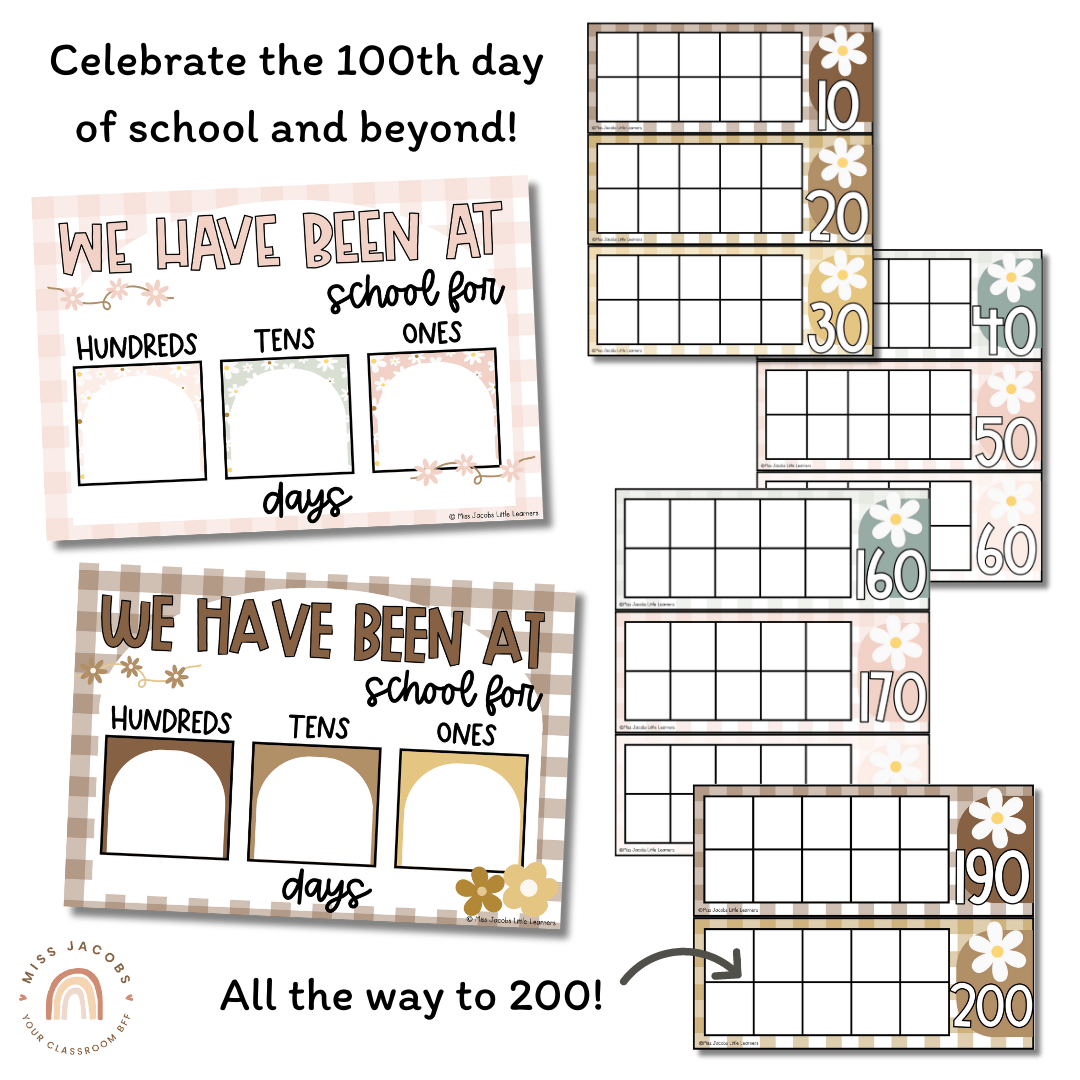 Days at School Display | 100 Days of School Tally | Daisy Gingham Neut ...