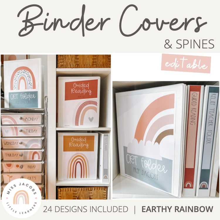 Earthy Rainbow Themed Teacher Binder Covers and Spines | Editable