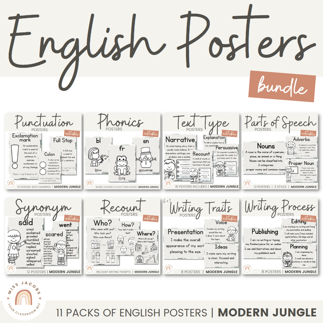 English Posters Bundle | Reading and Writing Strategies | Modern Jungl ...