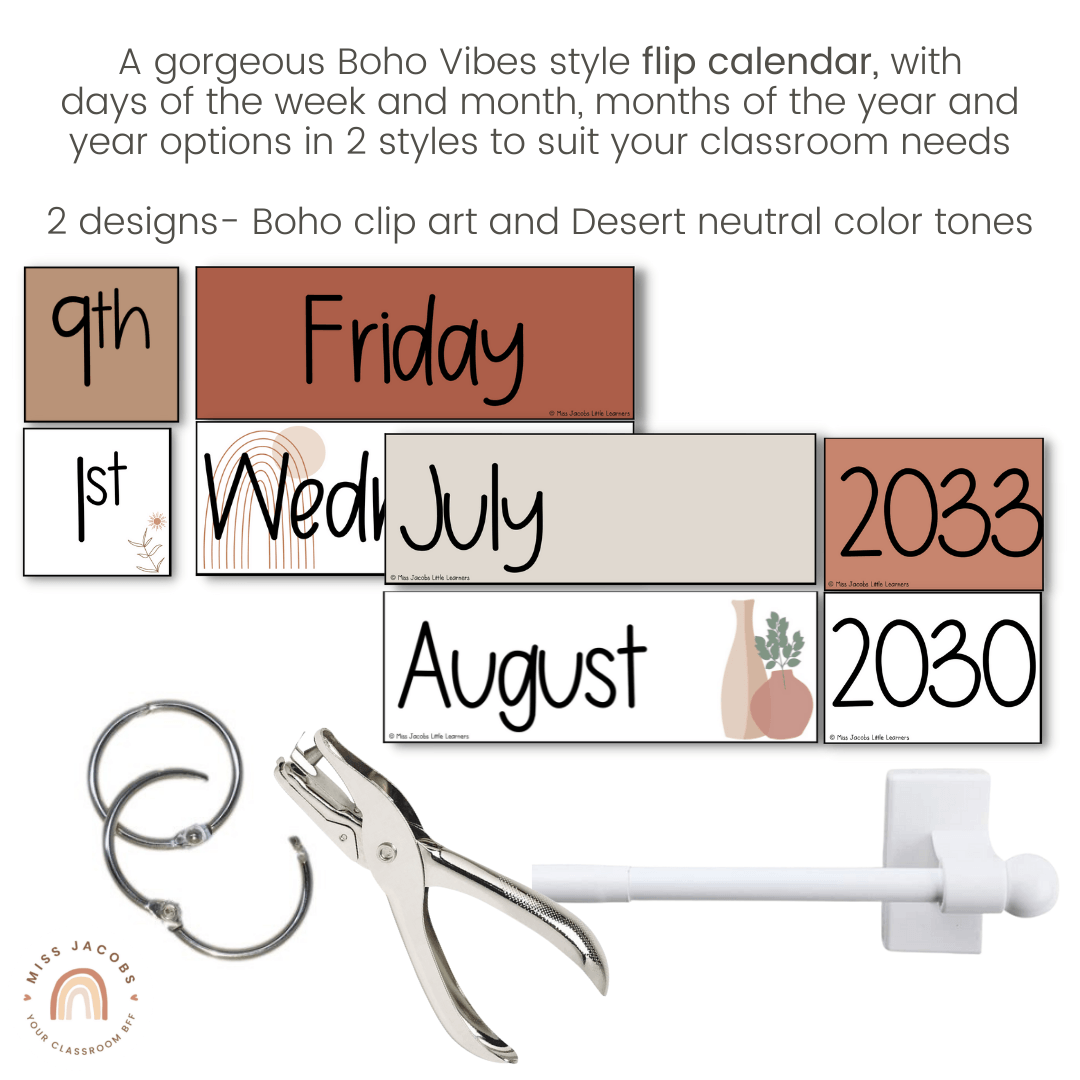 FLIP CALENDAR | BOHO VIBES CLASSROOM DECOR | DESERT NEUTRALS THEME | E