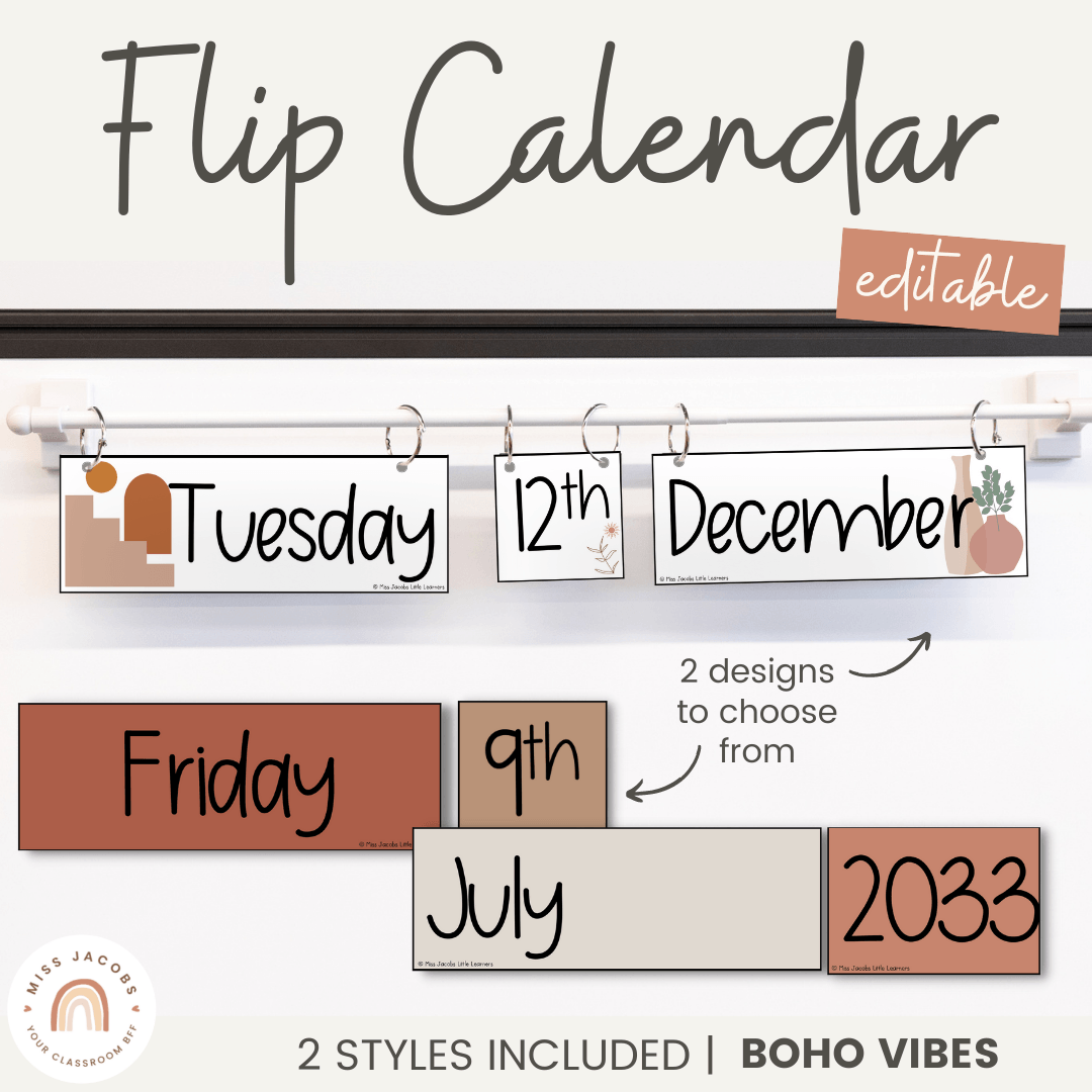 FLIP CALENDAR | BOHO VIBES CLASSROOM DECOR | DESERT NEUTRALS THEME | E