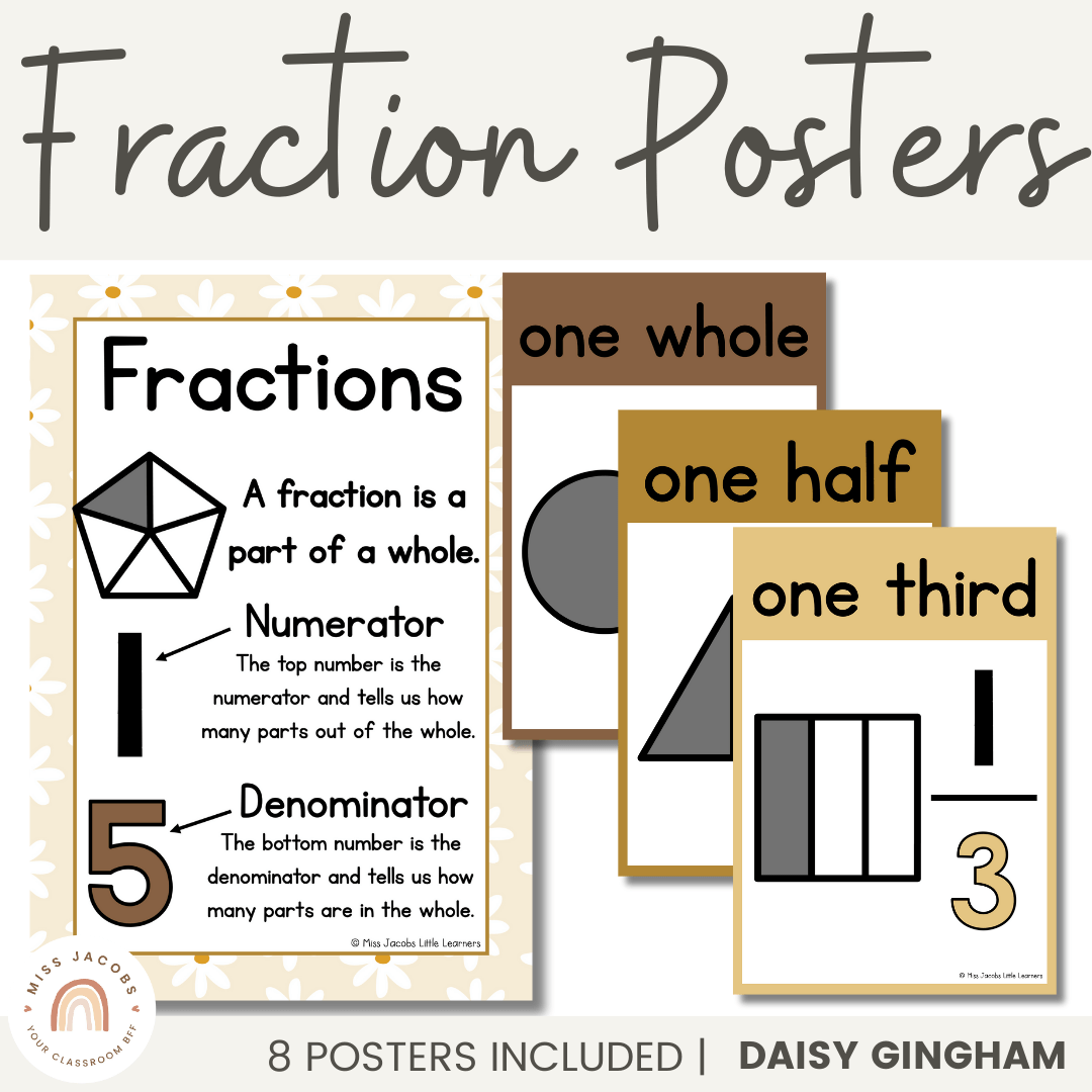 Fraction Posters | Daisy Gingham Neutrals Math Classroom Decor - Miss ...