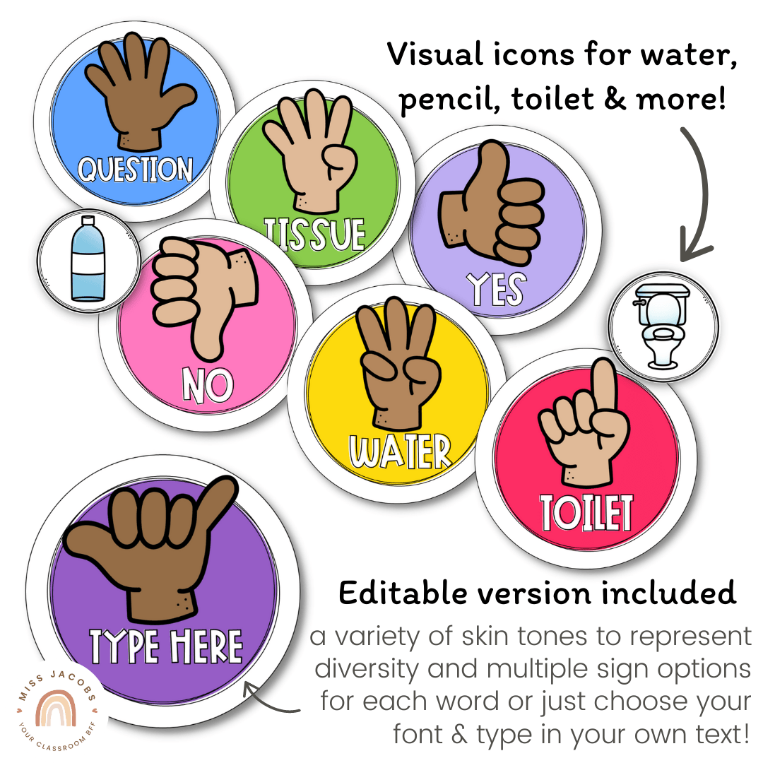 Hand Signals for Classroom | BRIGHTS | Editable Classroom Decor