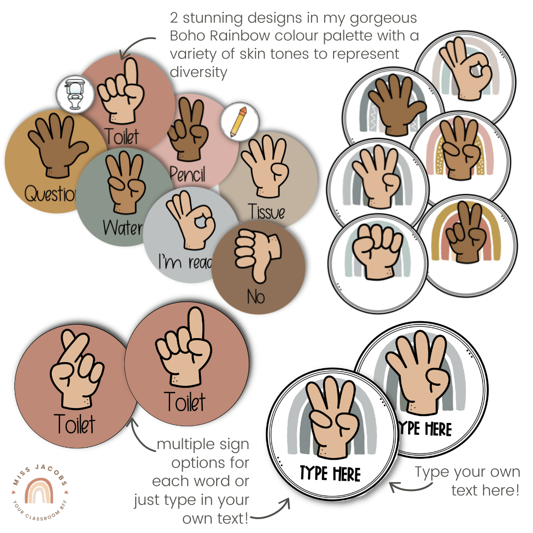 Hand Signals Posters - Boho Rainbow Neutrals Classroom Theme - MJLL