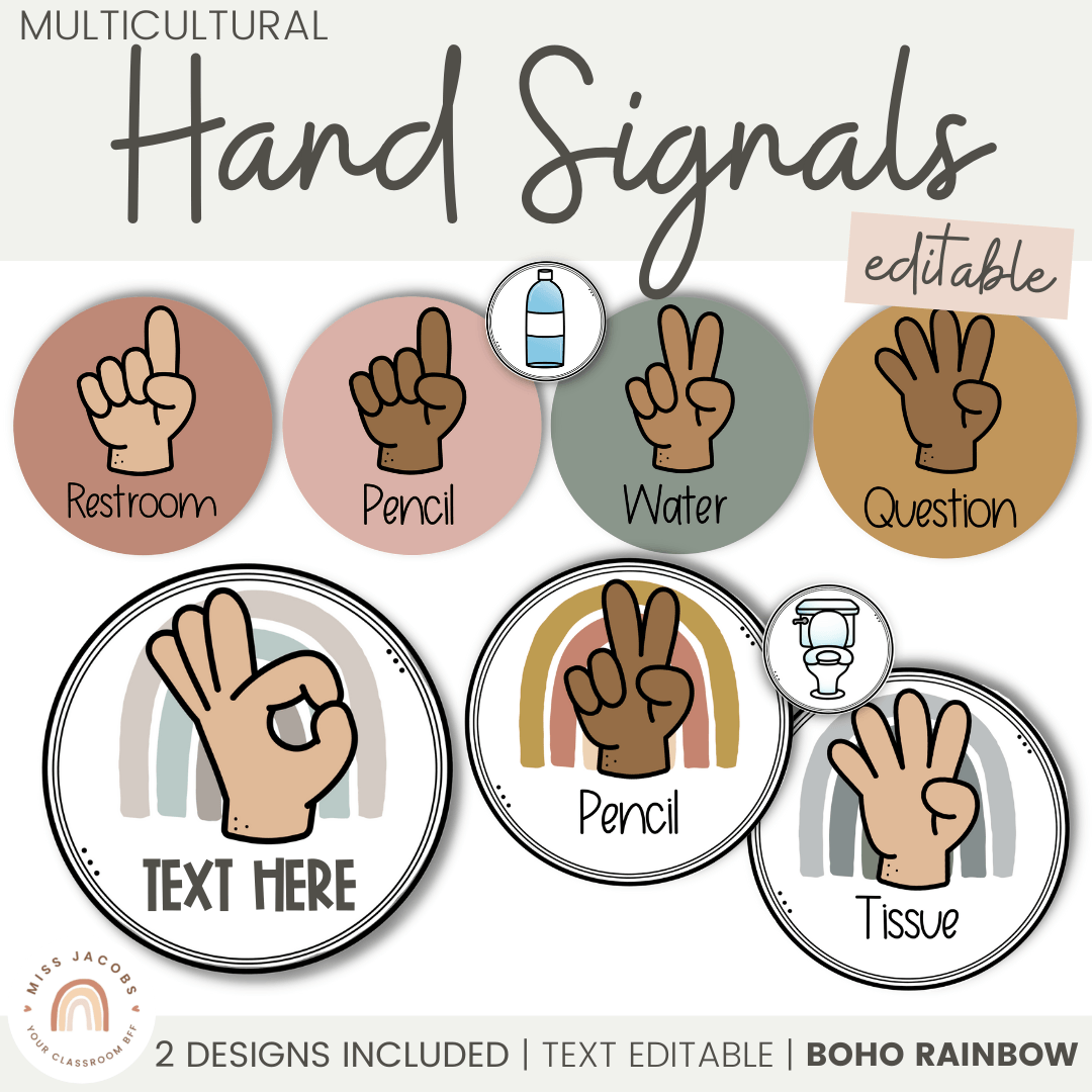 Hand Signals Posters - Boho Rainbow Neutrals Classroom Theme - MJLL