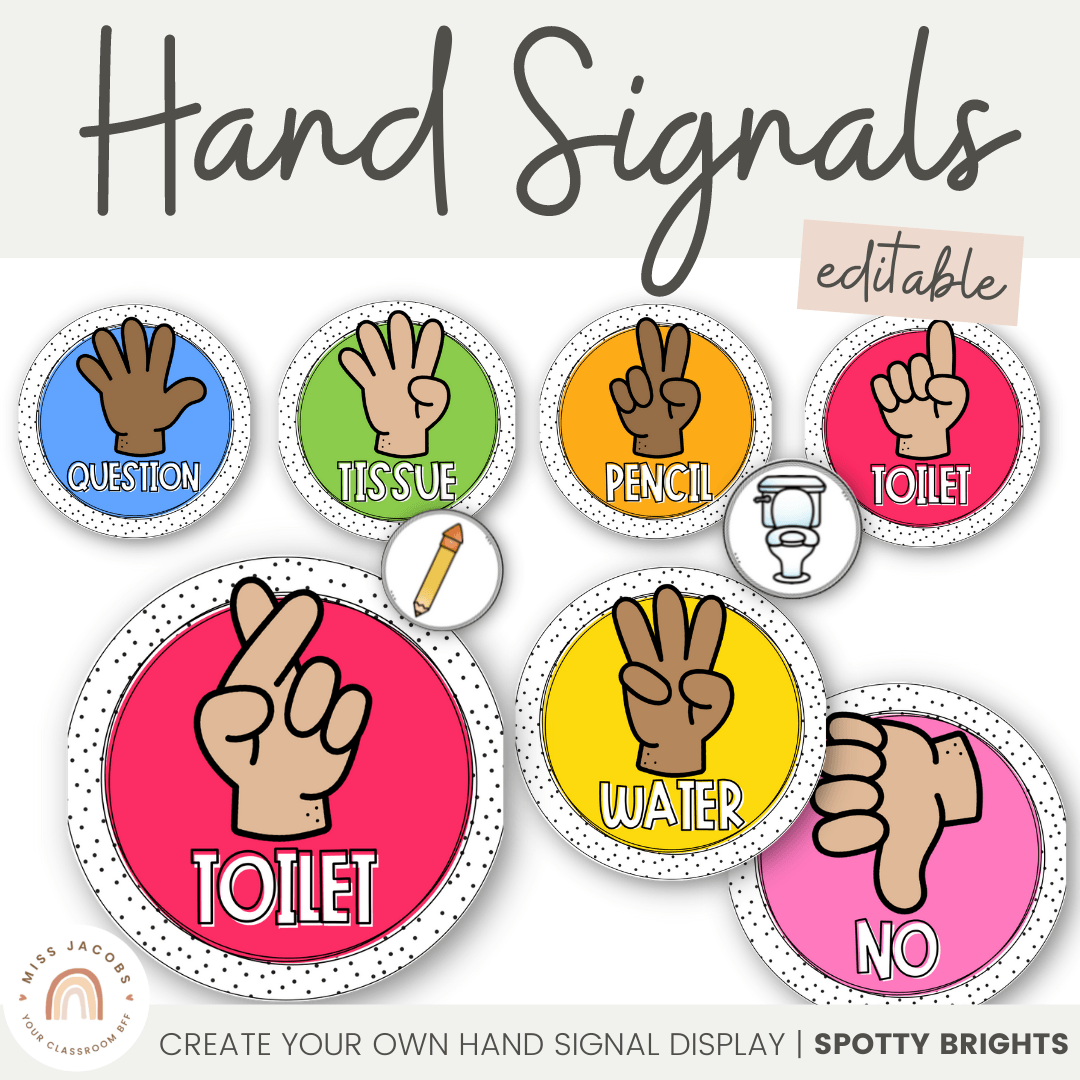 Hand Signals Posters - Spotty Bright Theme - Miss Jacobs