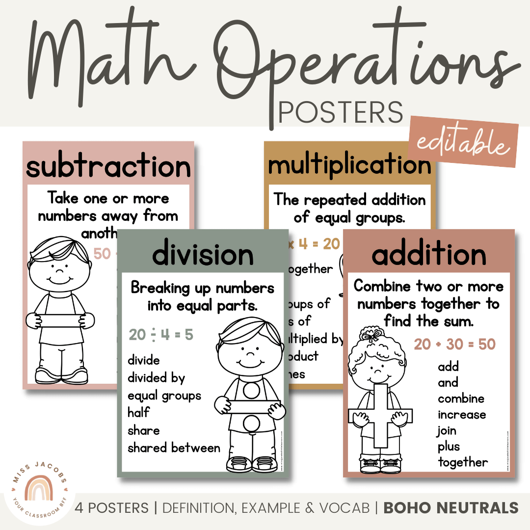Math Operations Posters - Boho Neutrals Classroom Theme - Miss Jacobs
