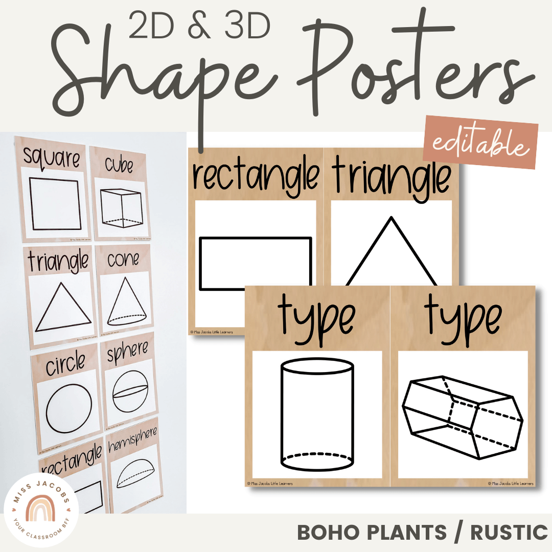 2D & 3D Shape Posters - Boho Plants Classroom Decor