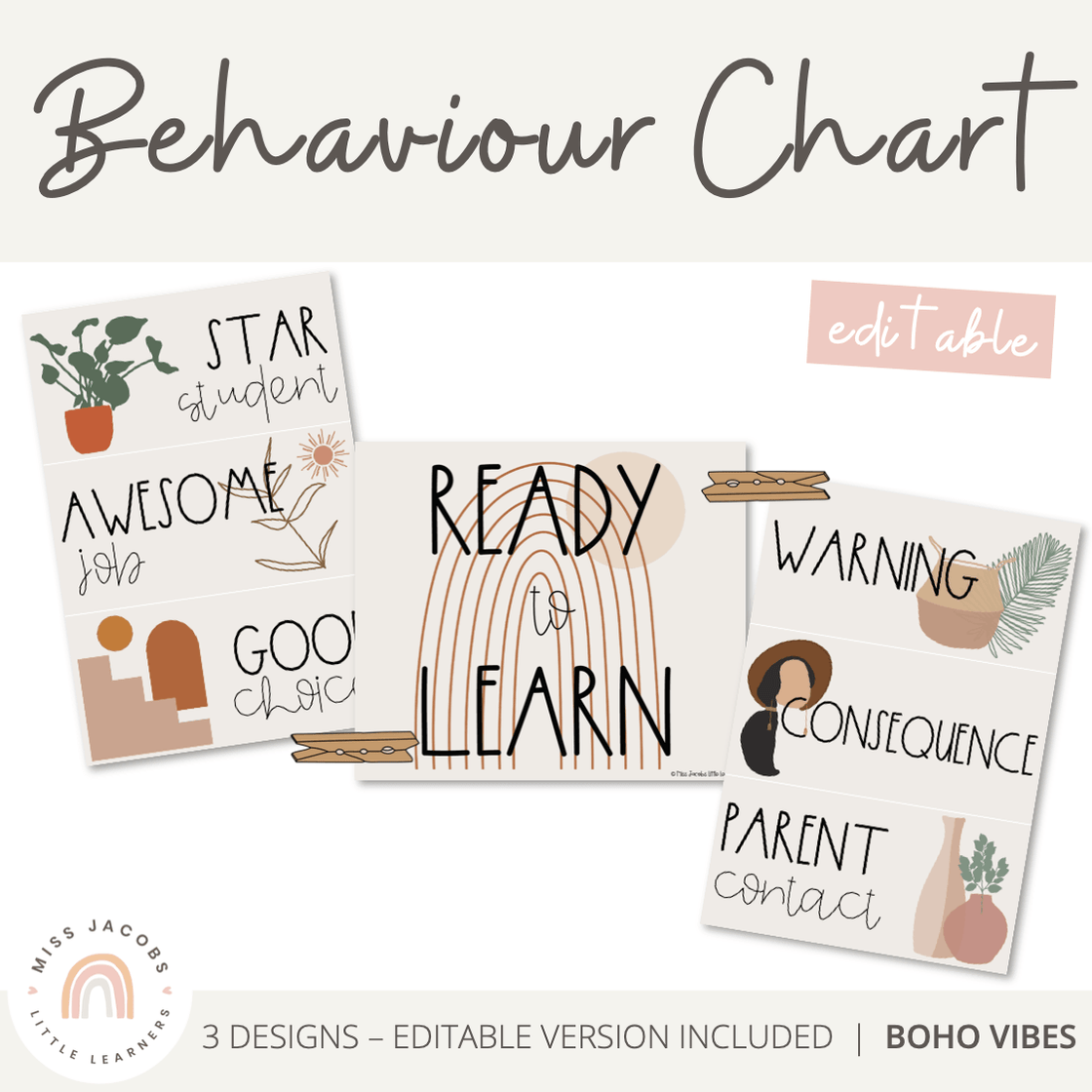 Modern BOHO VIBES Behaviour Chart - Editable | Neutral Classroom Decor